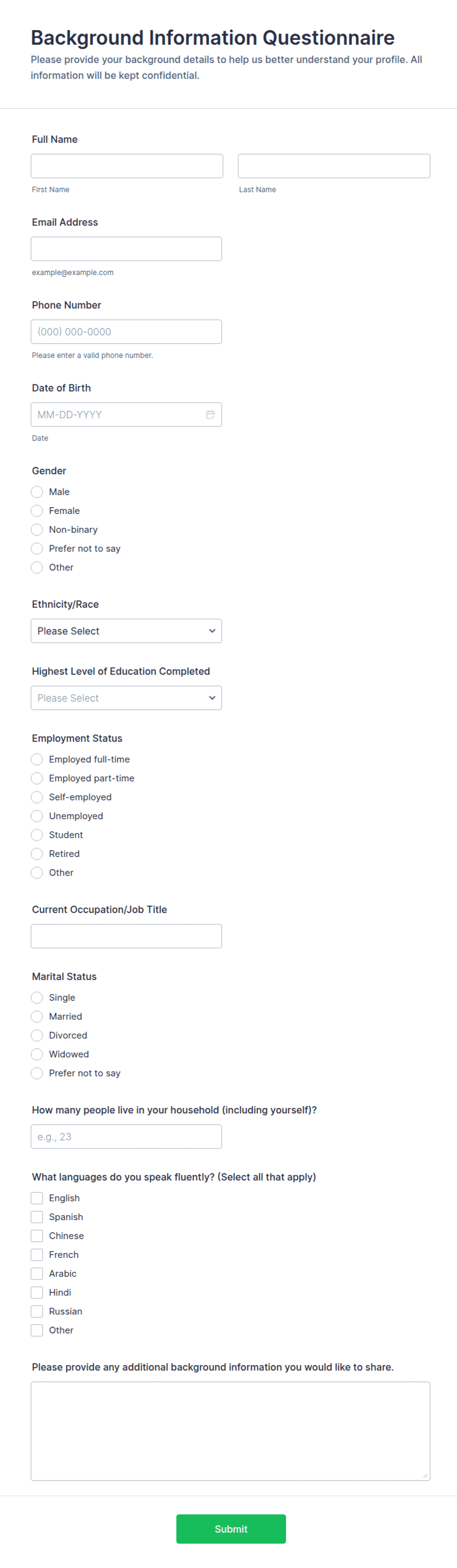 Background Information Questionnaire Form Template | Jotform