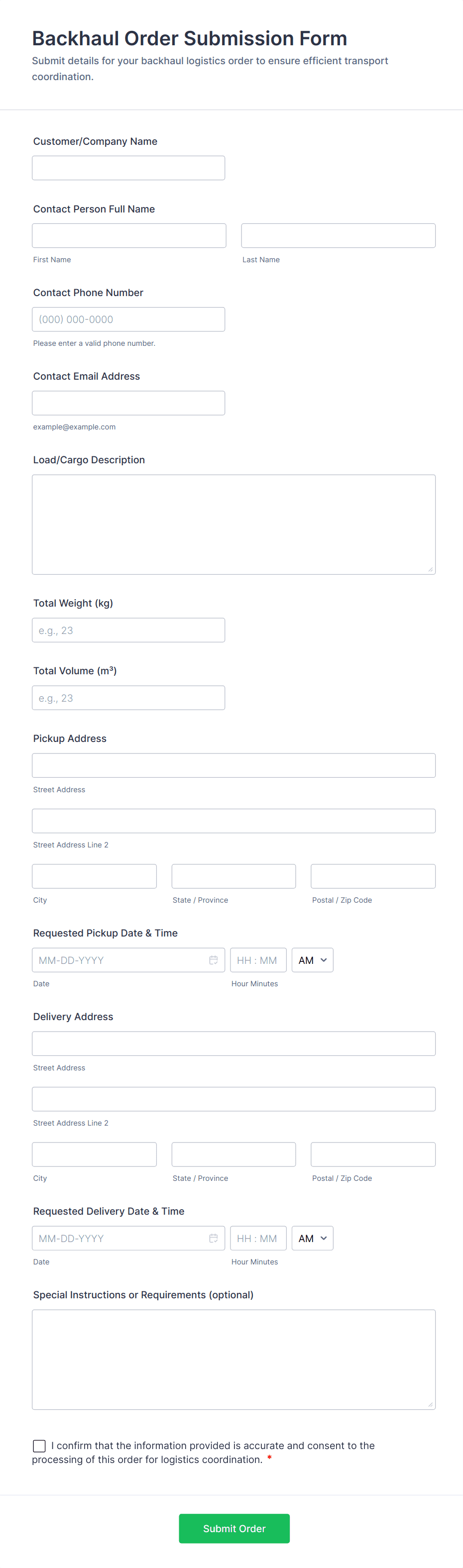 Backhaul Order Submission Form Template | Jotform