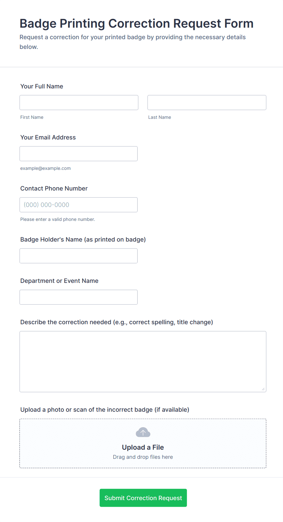 Badge Printing Correction Request Form Template | Jotform