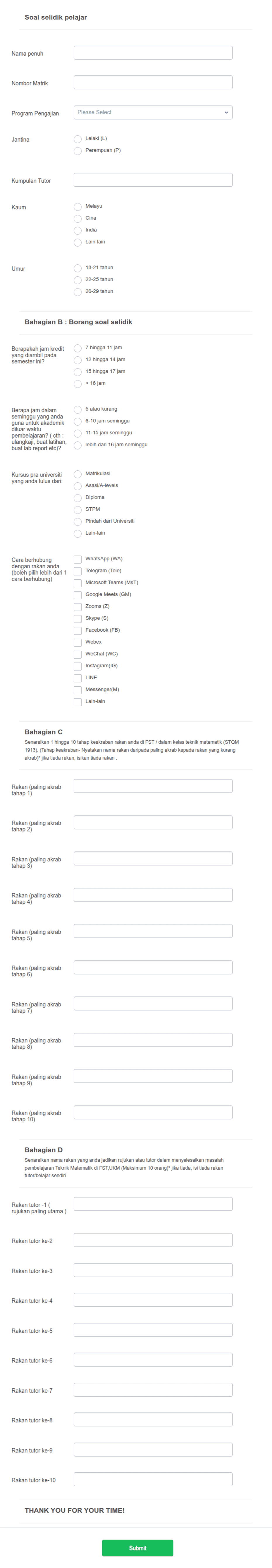 Bahagian A : Data Demografi Responden Form Template | Jotform