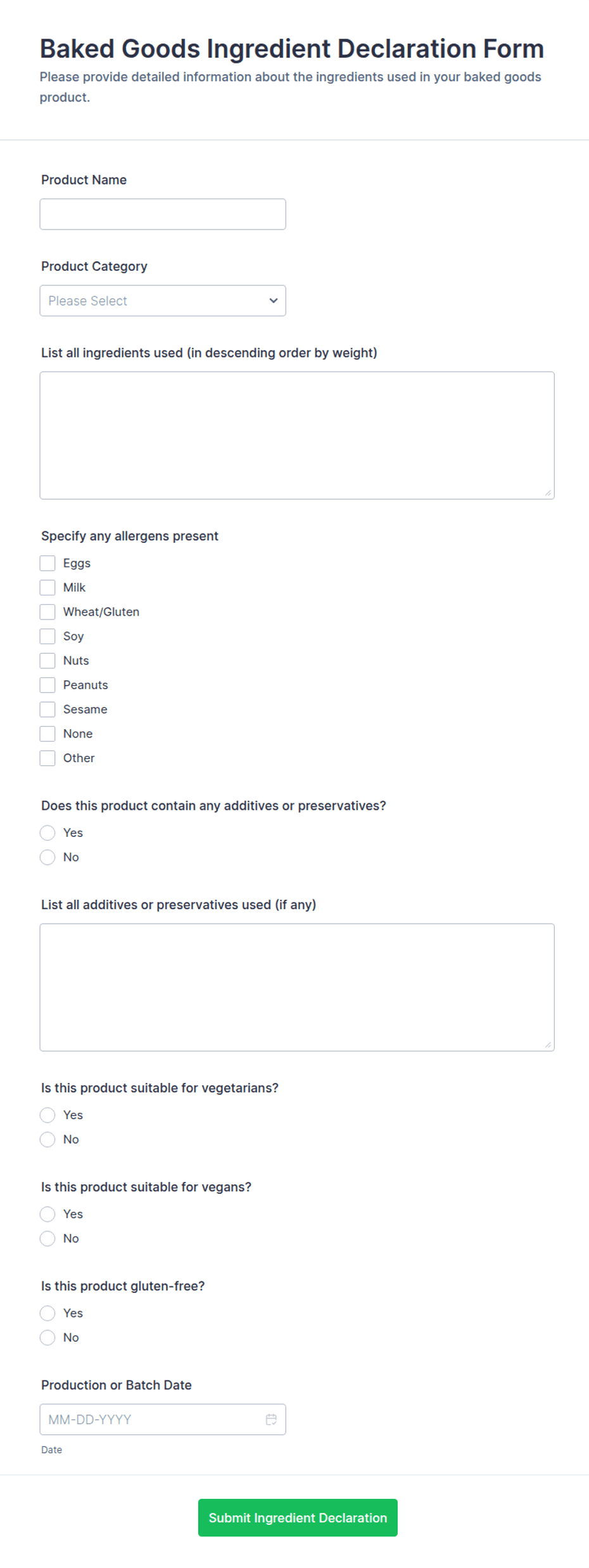 Baked Goods Ingredient Declaration Form Template | Jotform