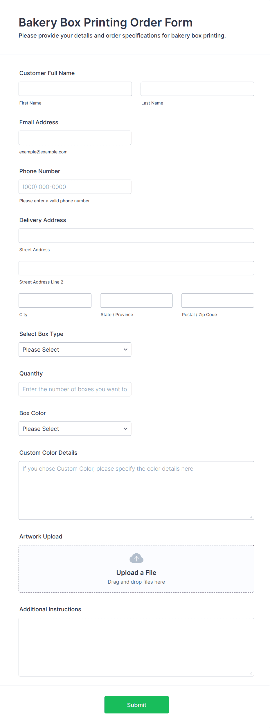 Bakery Box Printing Order Form Template | Jotform