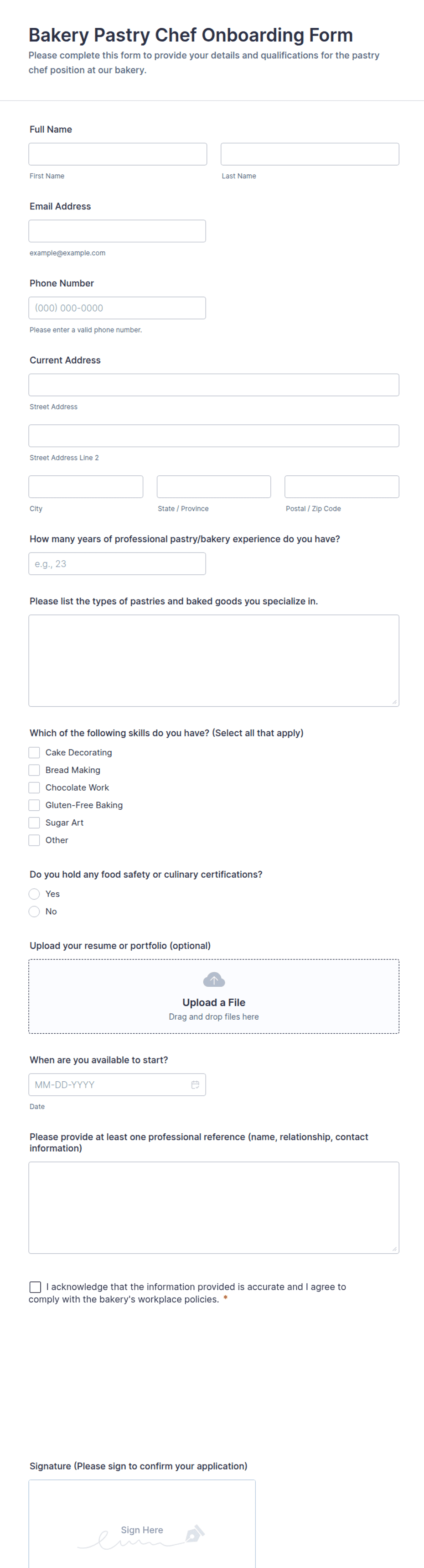 Bakery Pastry Chef Onboarding Form Template | Jotform
