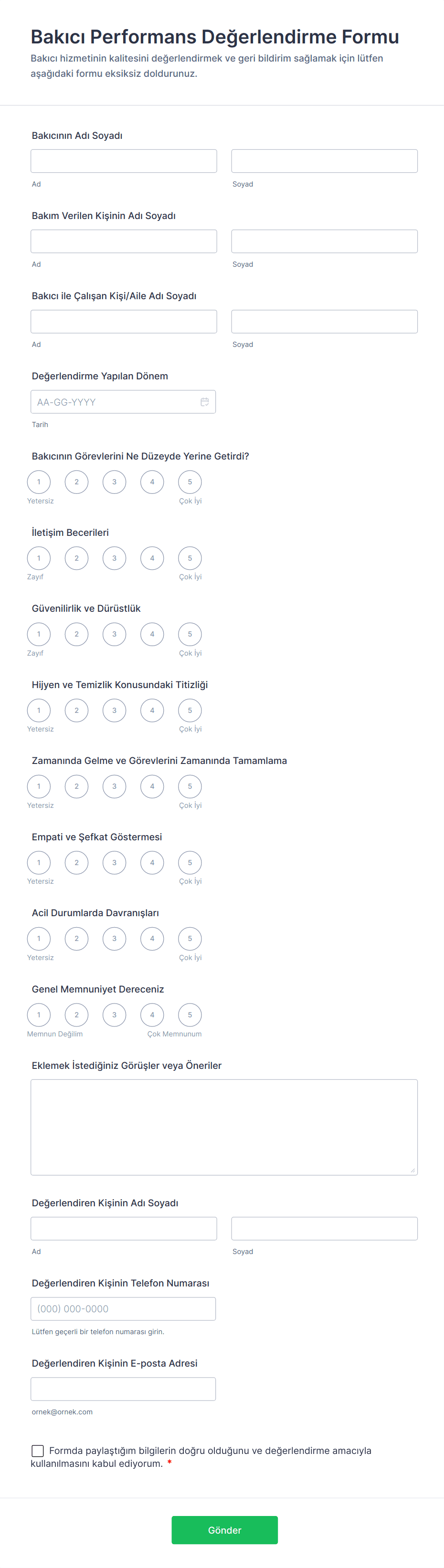 Bakıcı Performans Değerlendirme Form Şablonu | Jotform