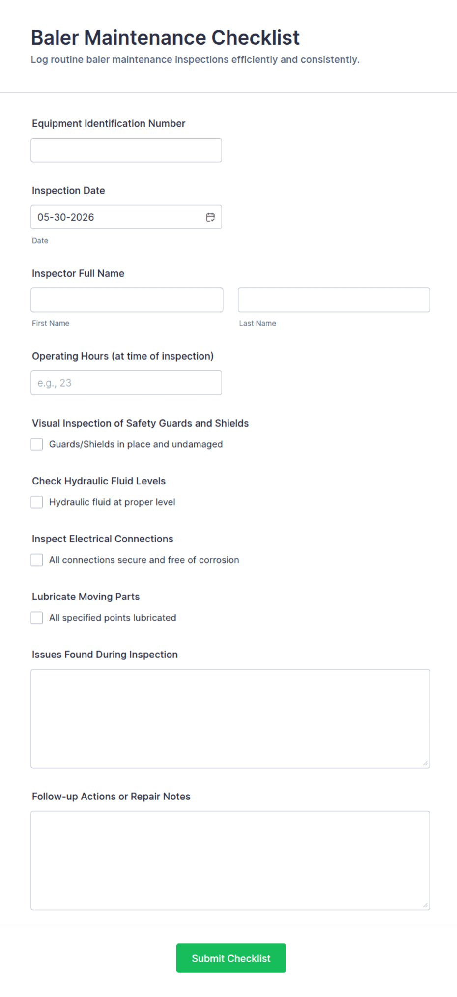 Baler Maintenance Checklist Form Template | Jotform