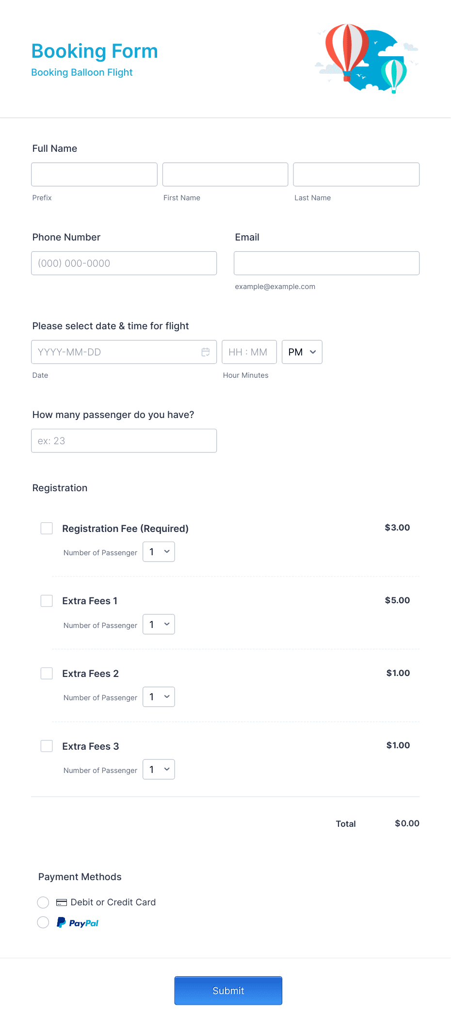 Balloon Flights Booking Form Template | Jotform