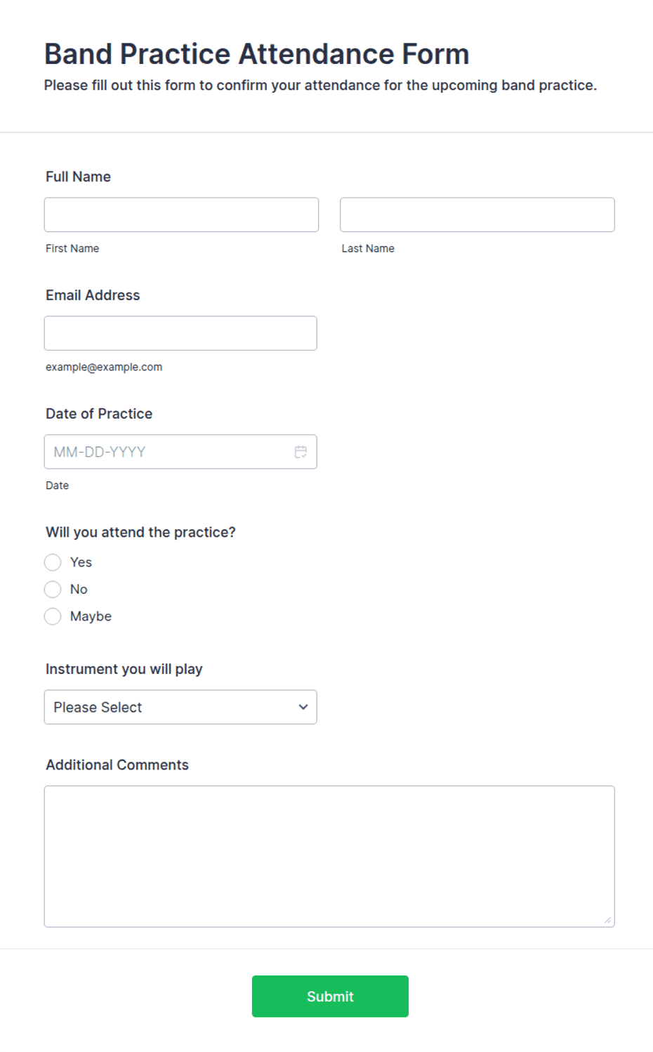 Band Practice Attendance Form Template | Jotform