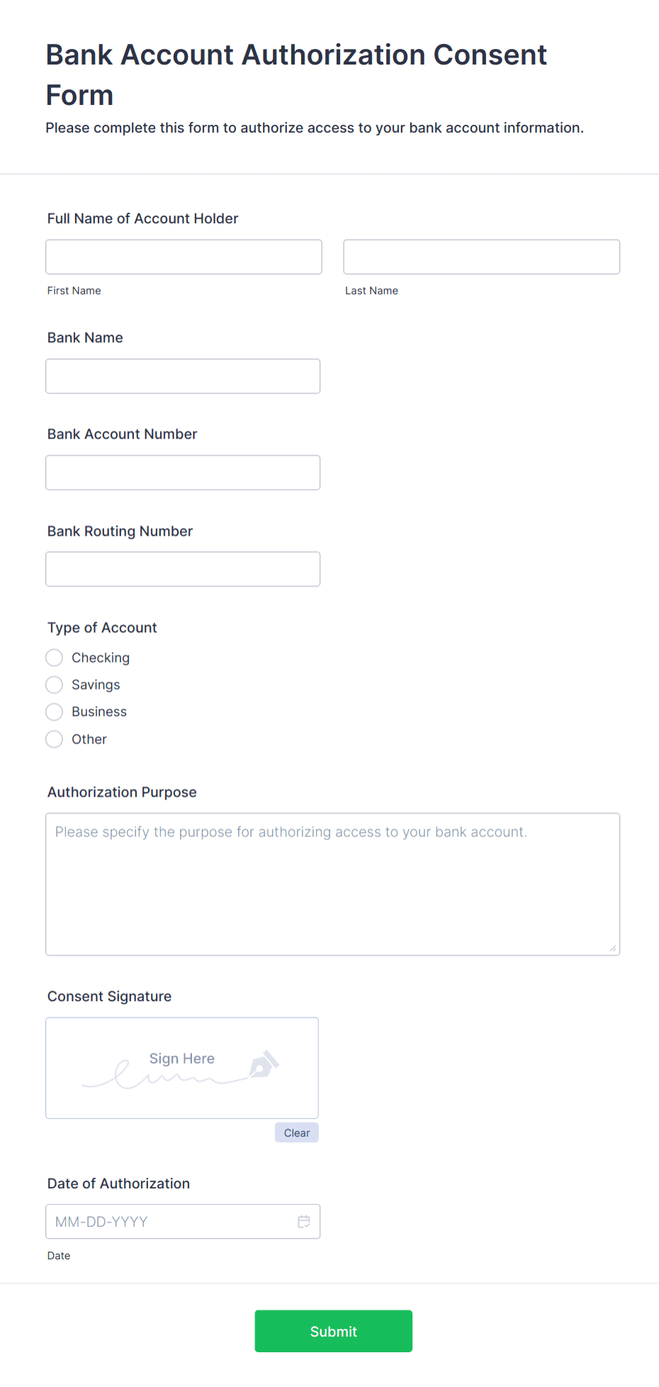Bank Account Authorization Consent Form Template | Jotform