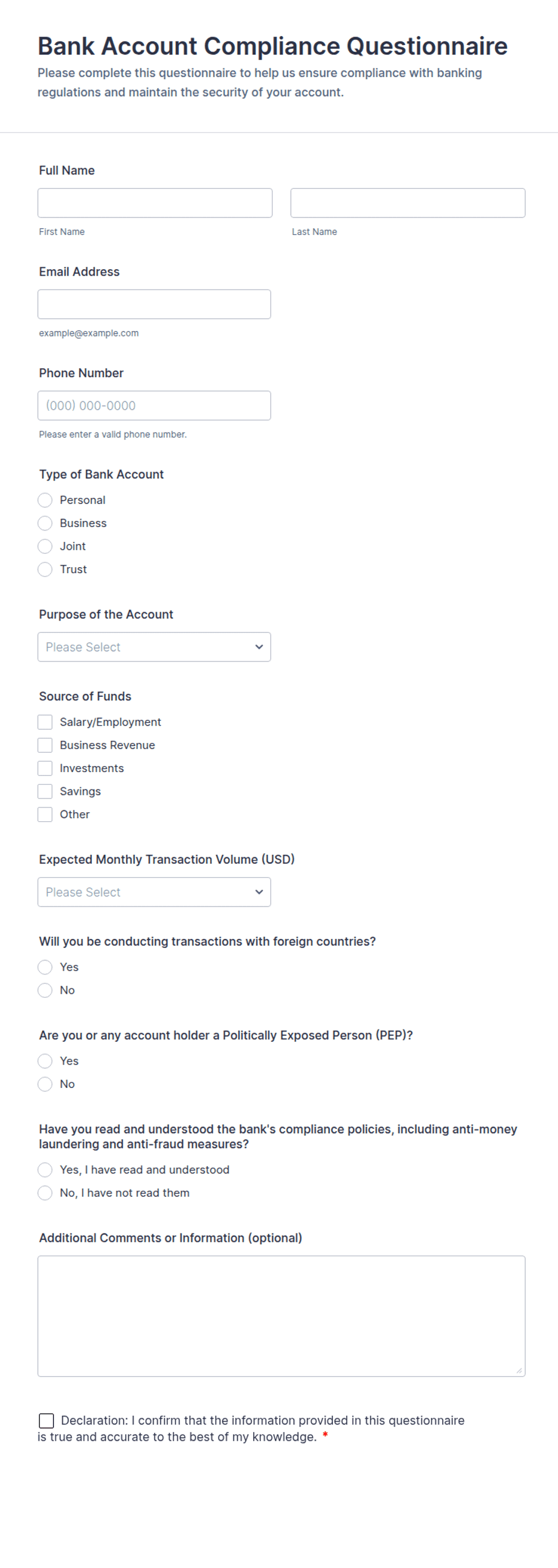 Bank Account Compliance Questionnaire Form Template | Jotform