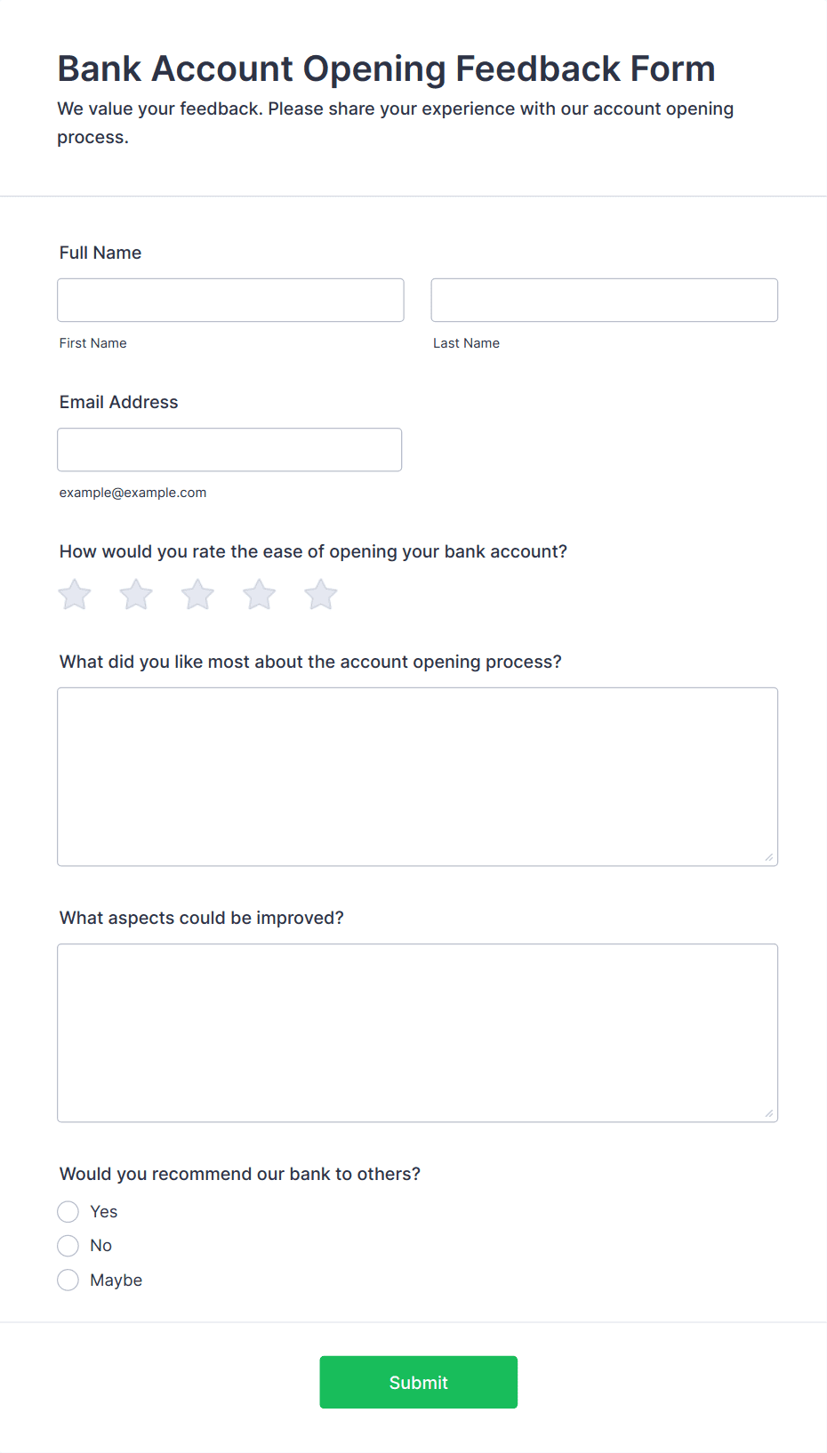 Bank Account Opening Feedback Form Template | Jotform
