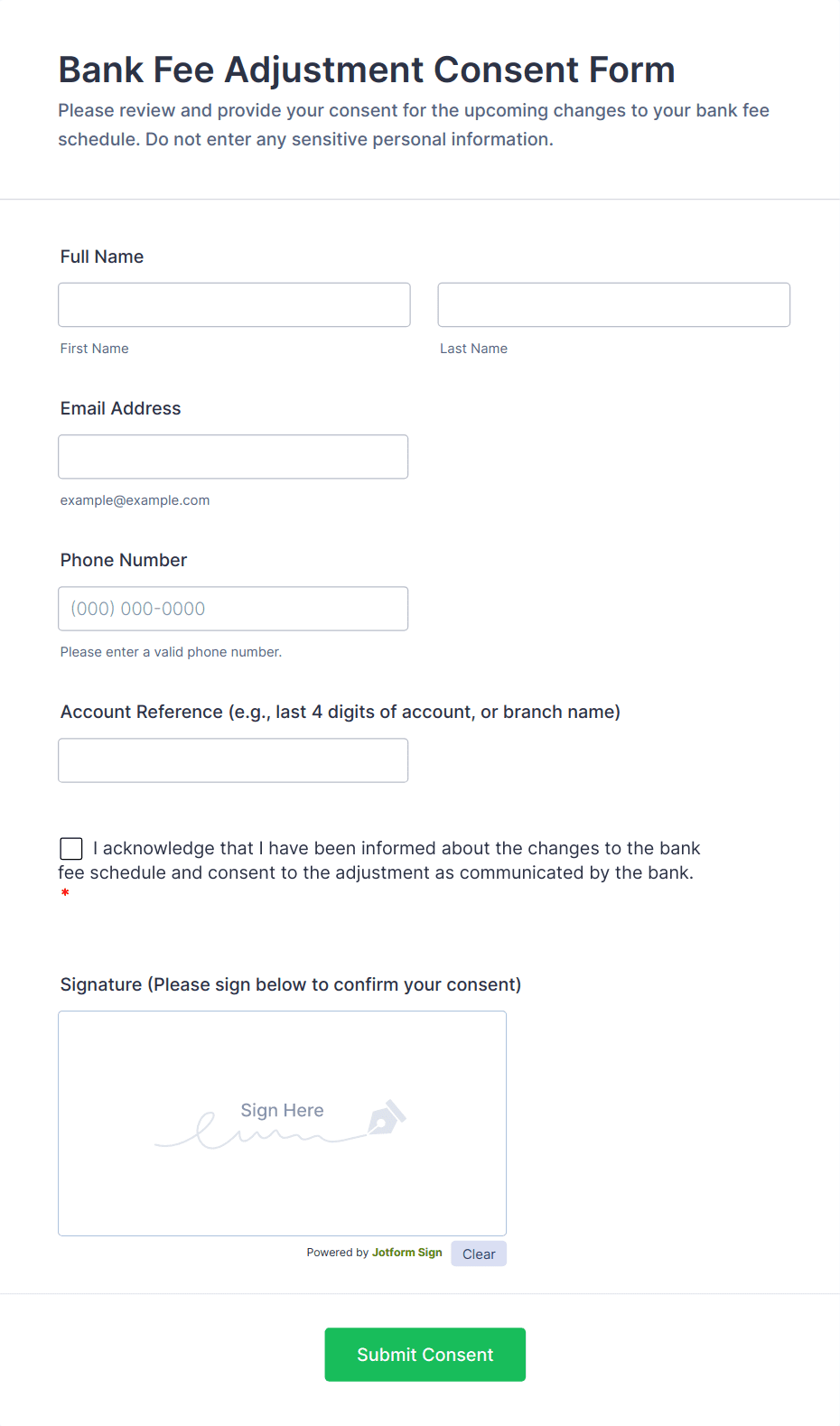 Bank Fee Adjustment Consent Form Template | Jotform