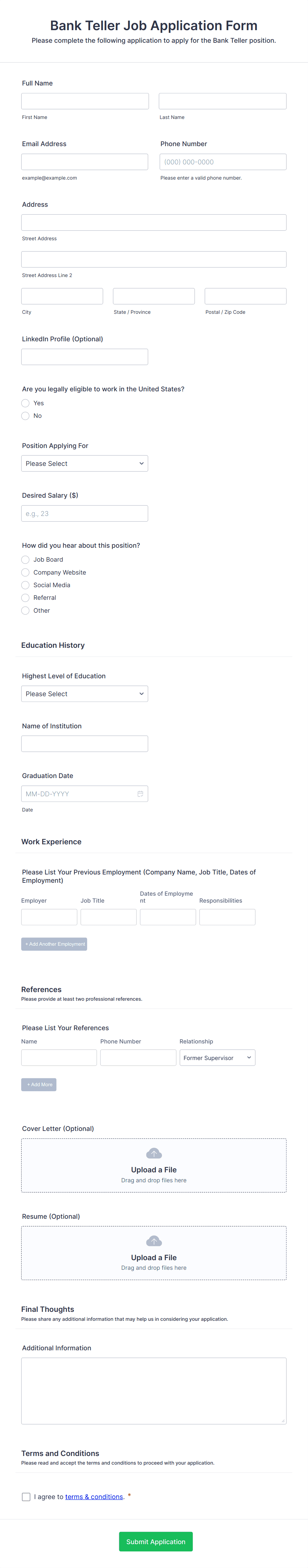 Bank Teller Job Application Form Template | Jotform