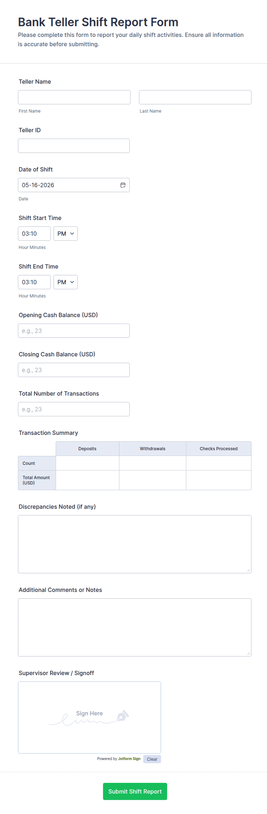 Bank Teller Shift Report Form Template | Jotform