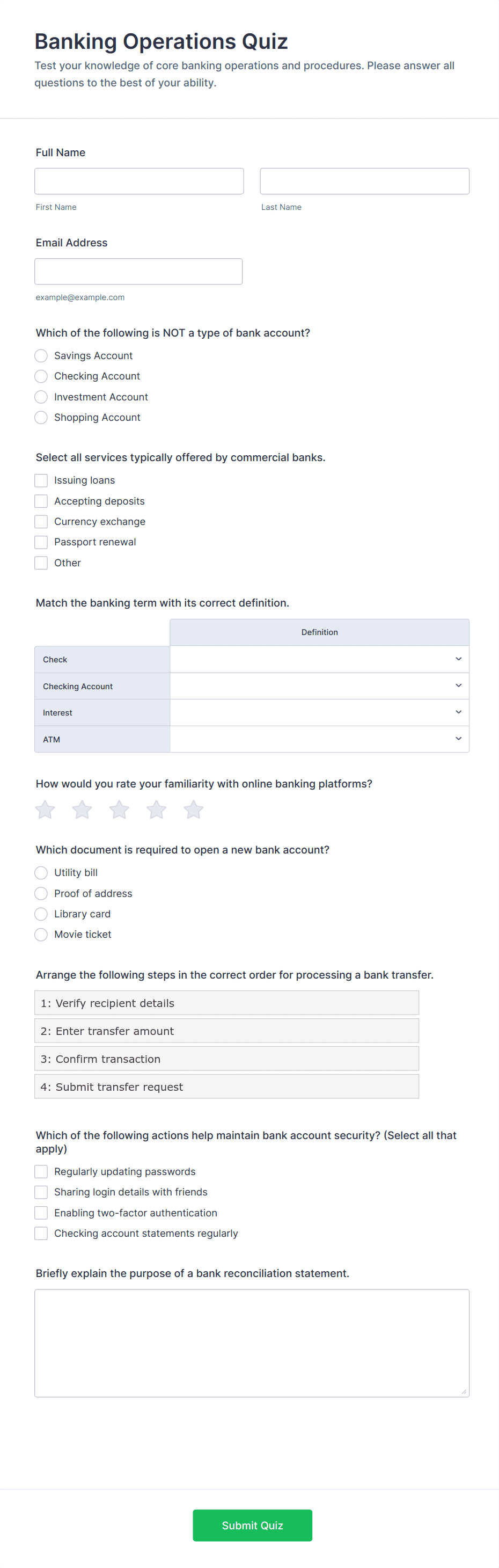 Banking Operations Quiz Form Template | Jotform