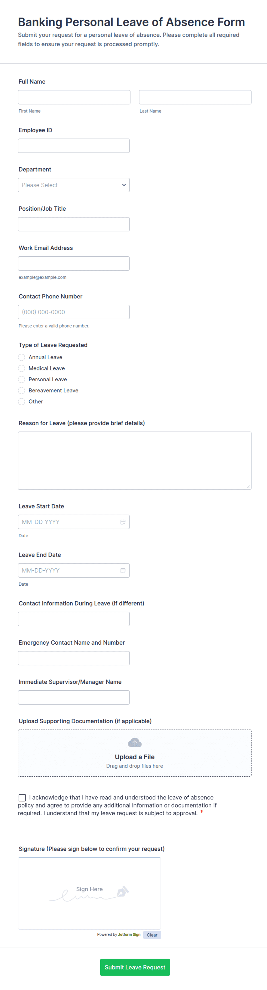 Banking Personal Leave of Absence Form Template | Jotform