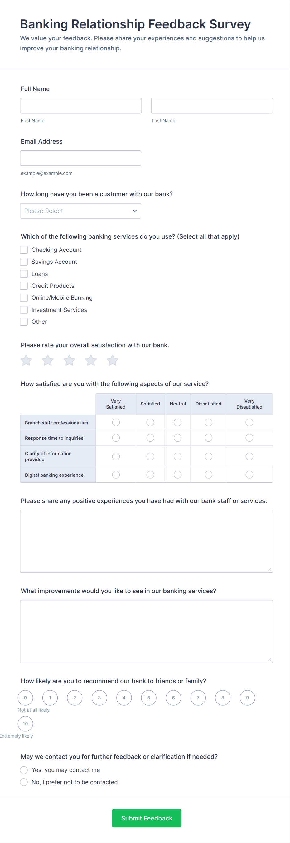 Banking Relationship Feedback Survey Form Template | Jotform
