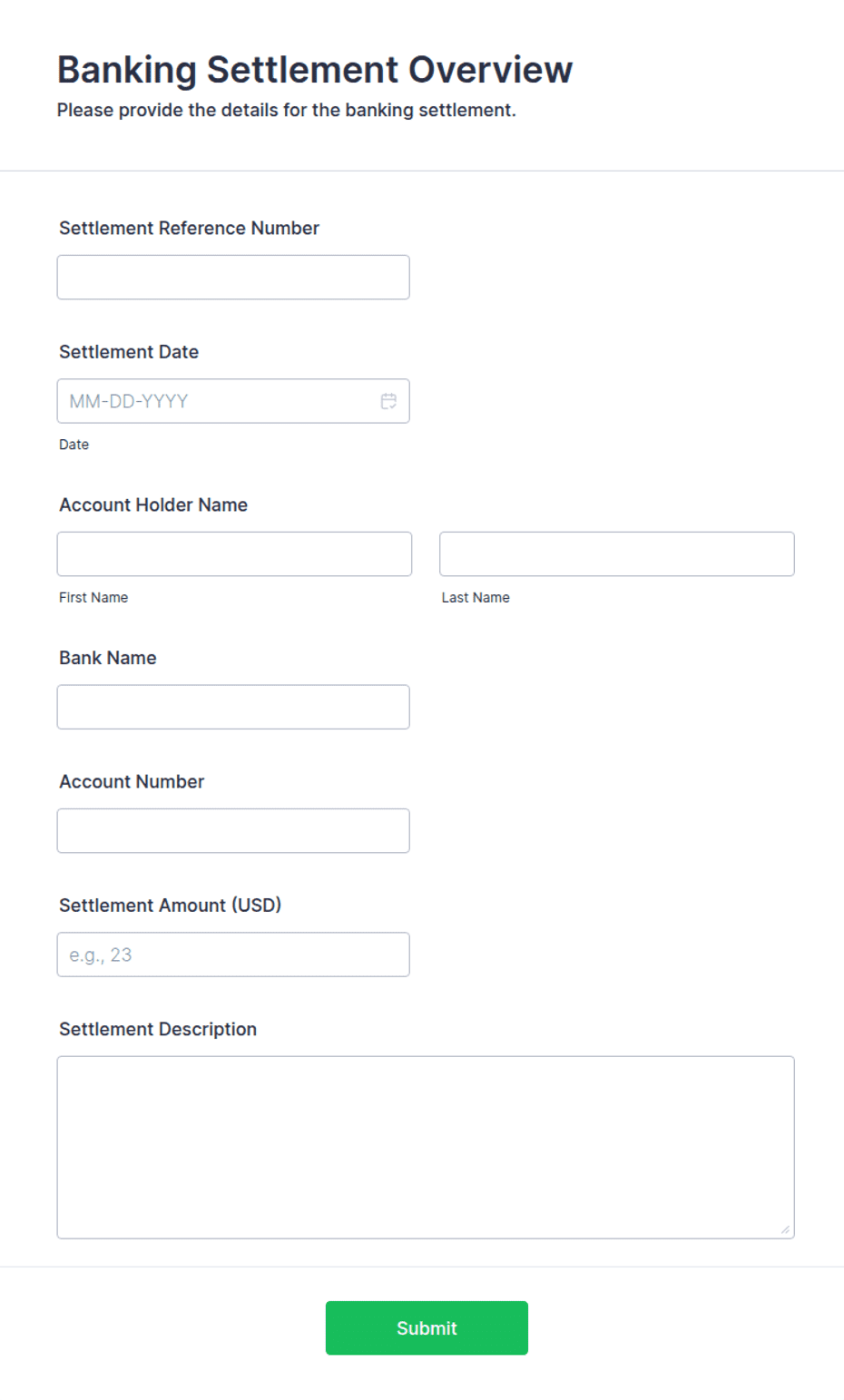Banking Settlement Overview Form Template | Jotform