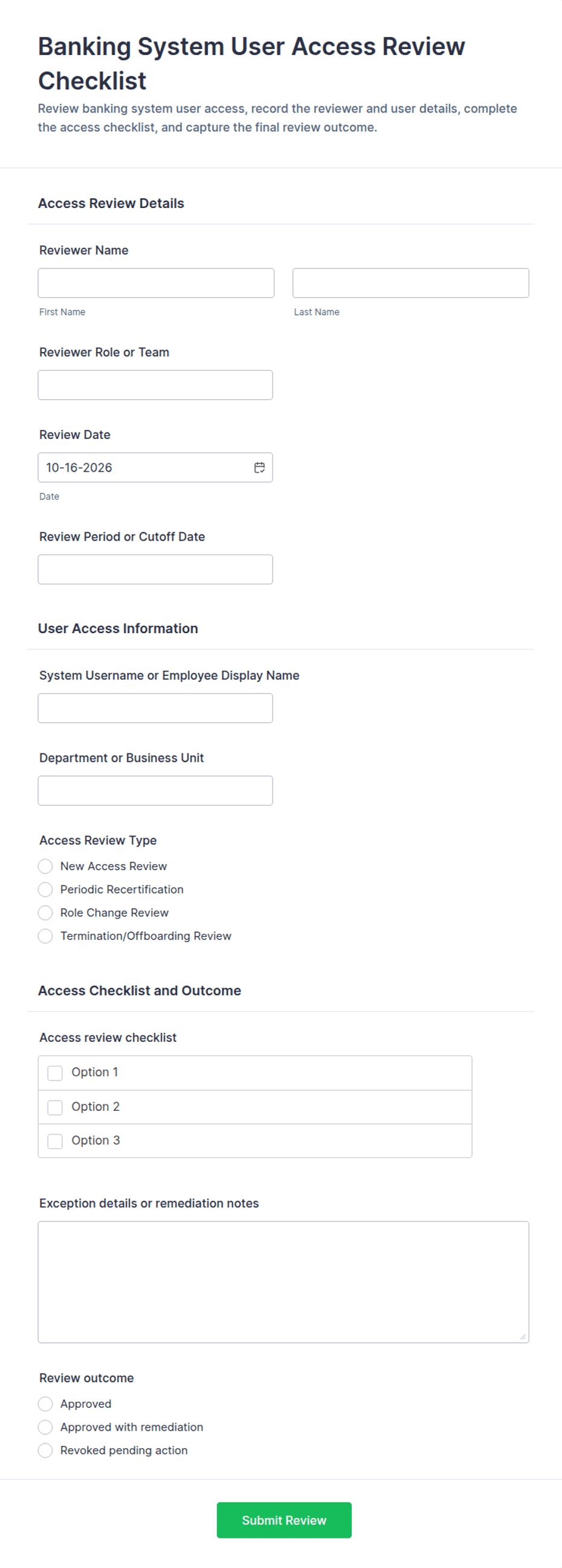 Banking System User Access Review Checklist Form Template | Jotform