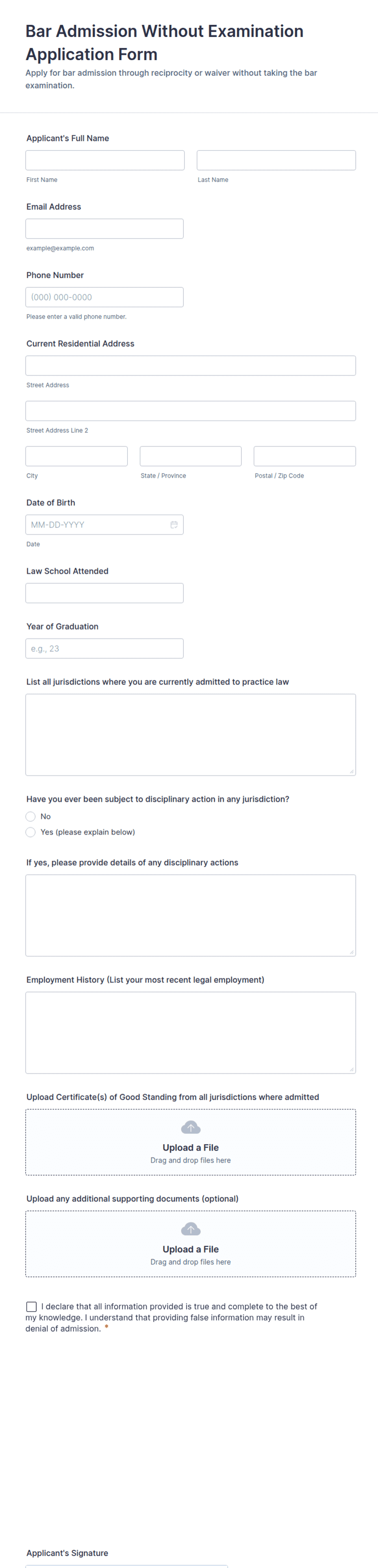Bar Admission Without Examination Application Form Template | Jotform