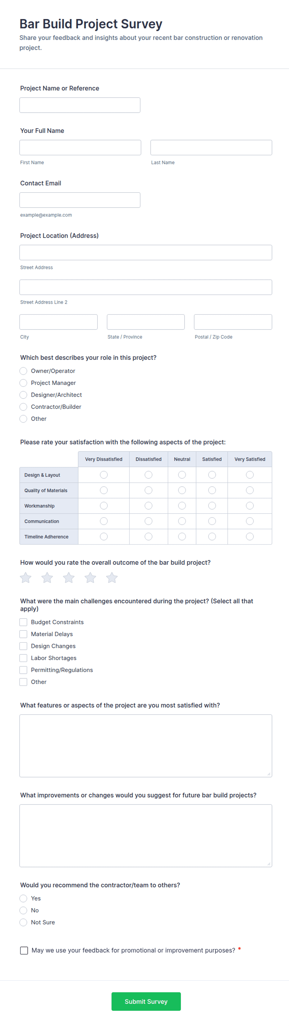 Bar Build Project Survey Form Template | Jotform
