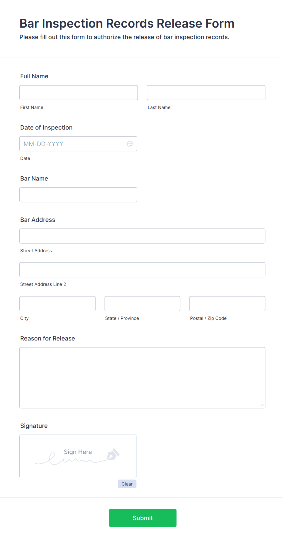 Bar Inspection Records Release Form Template | Jotform