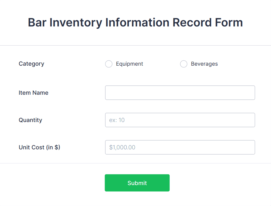 Bar Inventory Information Record Form Template | Jotform