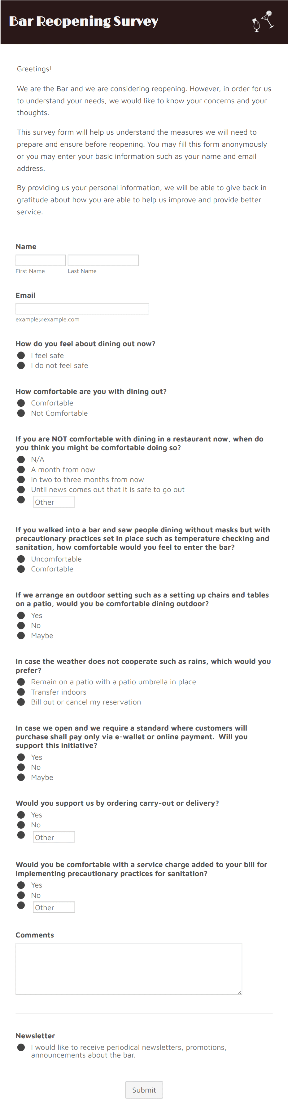 Bar Reopening Survey Form Template | Jotform