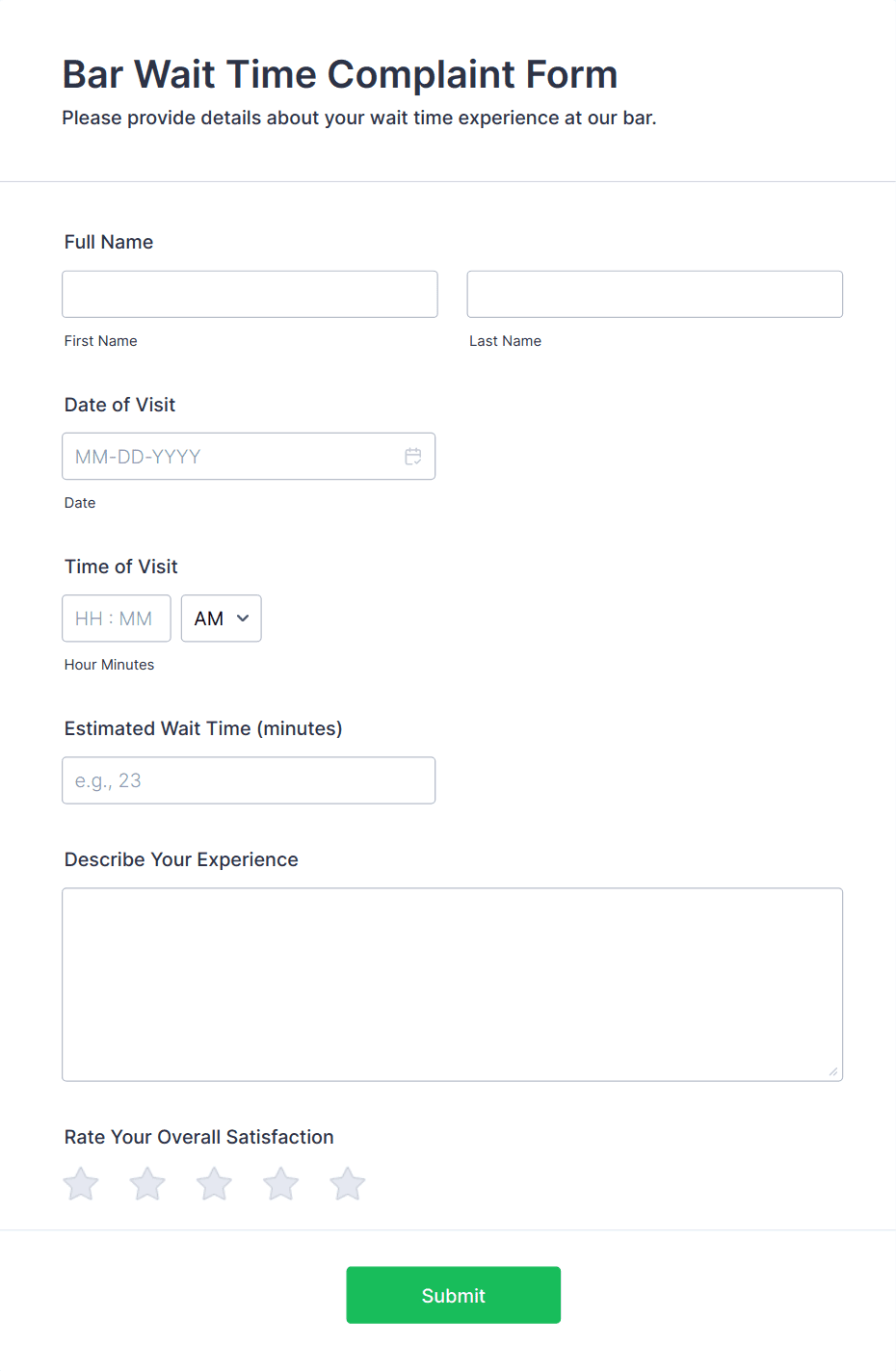 Bar Wait Time Complaint Form Template | Jotform