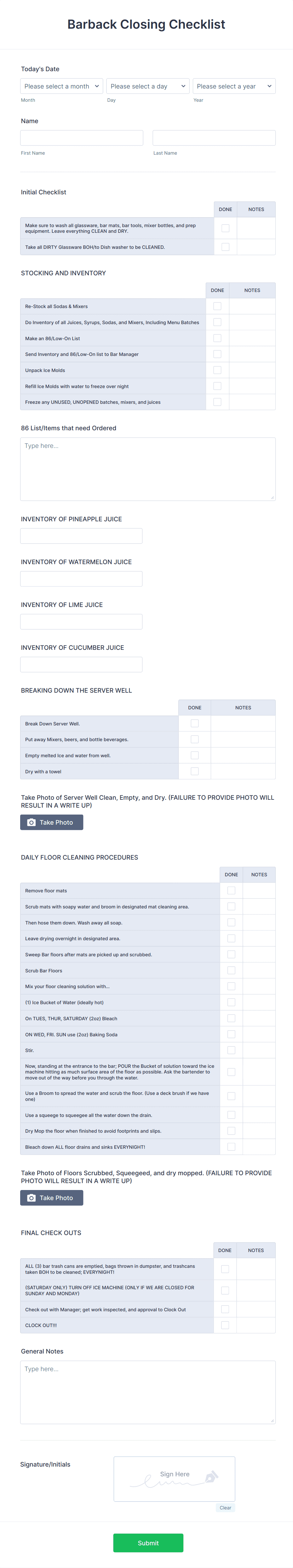 Barback Closing Checklist Form Template | Jotform