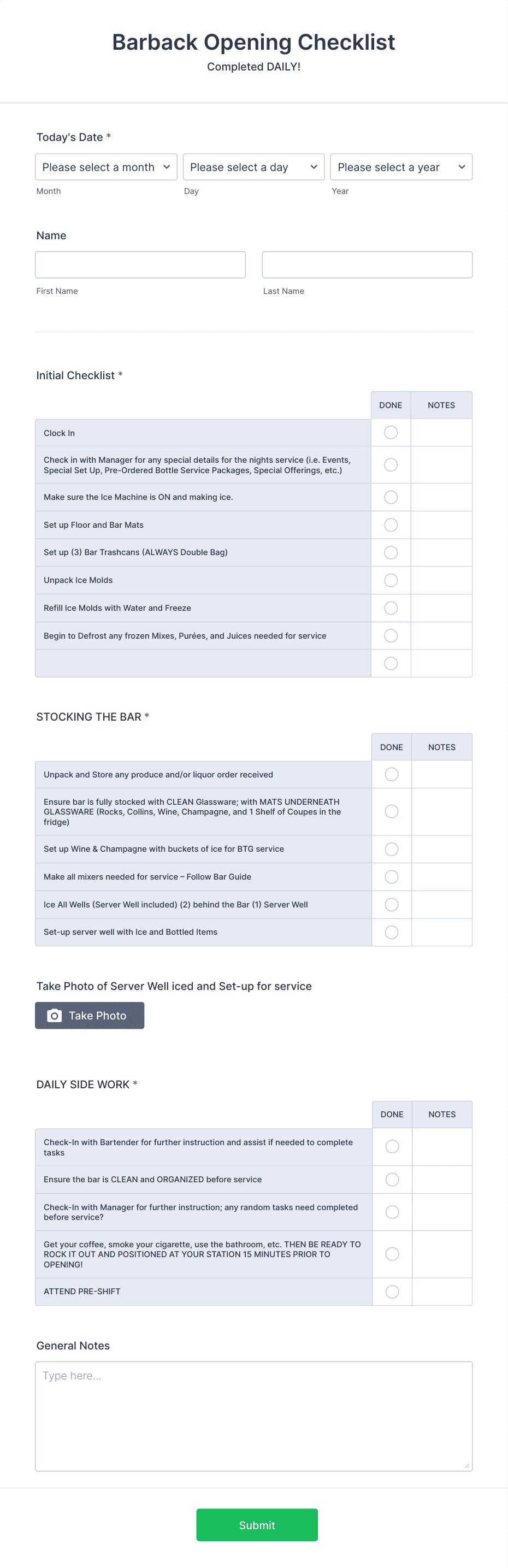 Barback Opening Checklist Form Template | Jotform