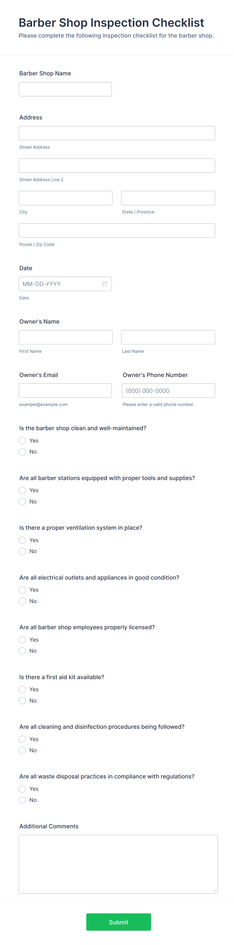 Barber Shop Inspection Checklist Form Template | Jotform