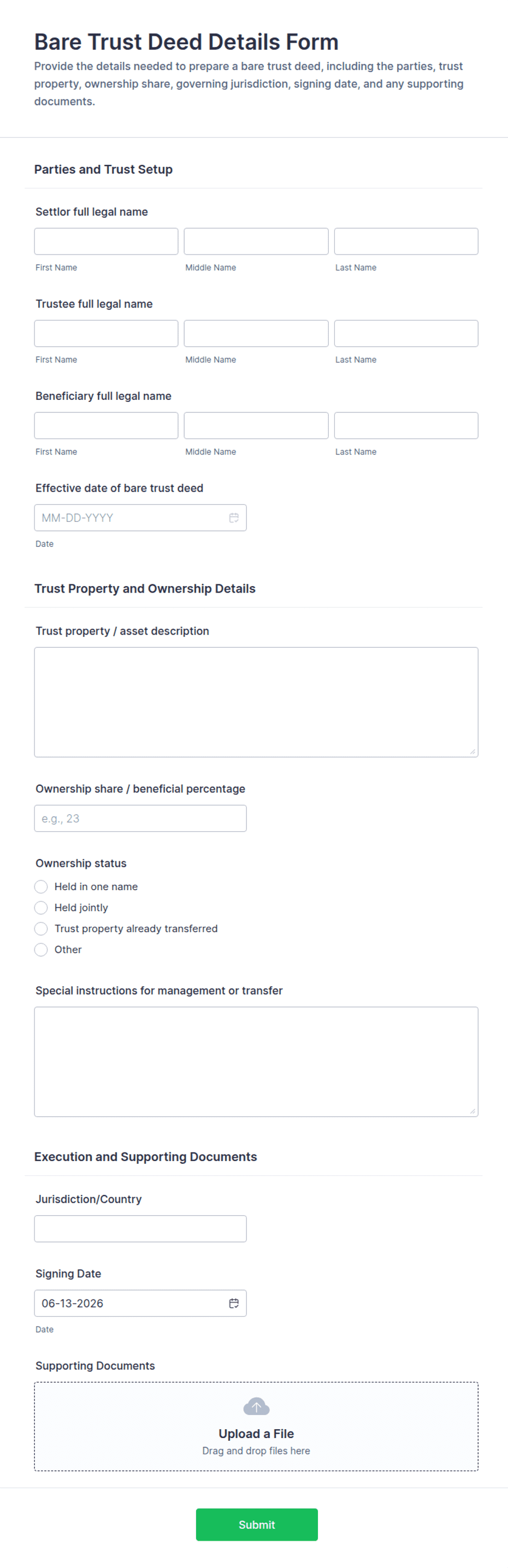 Bare Trust Deed Details Form Template | Jotform