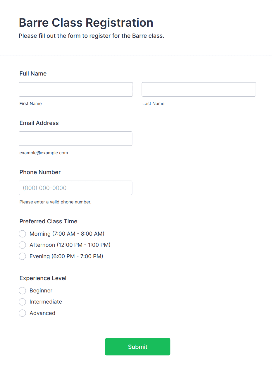 Barre Class Registration Form Template | Jotform
