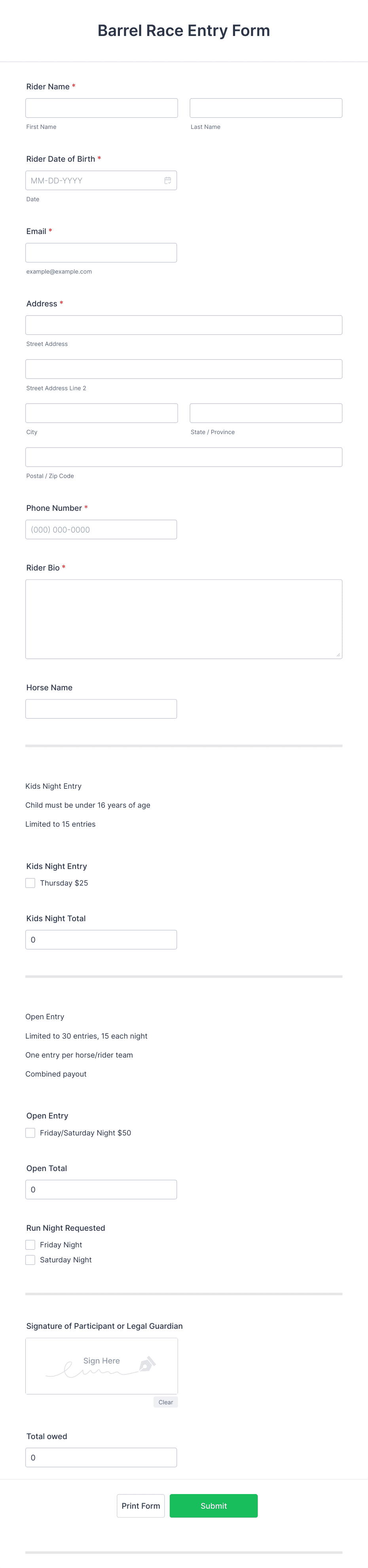 Barrel Race Entry Form Template | Jotform