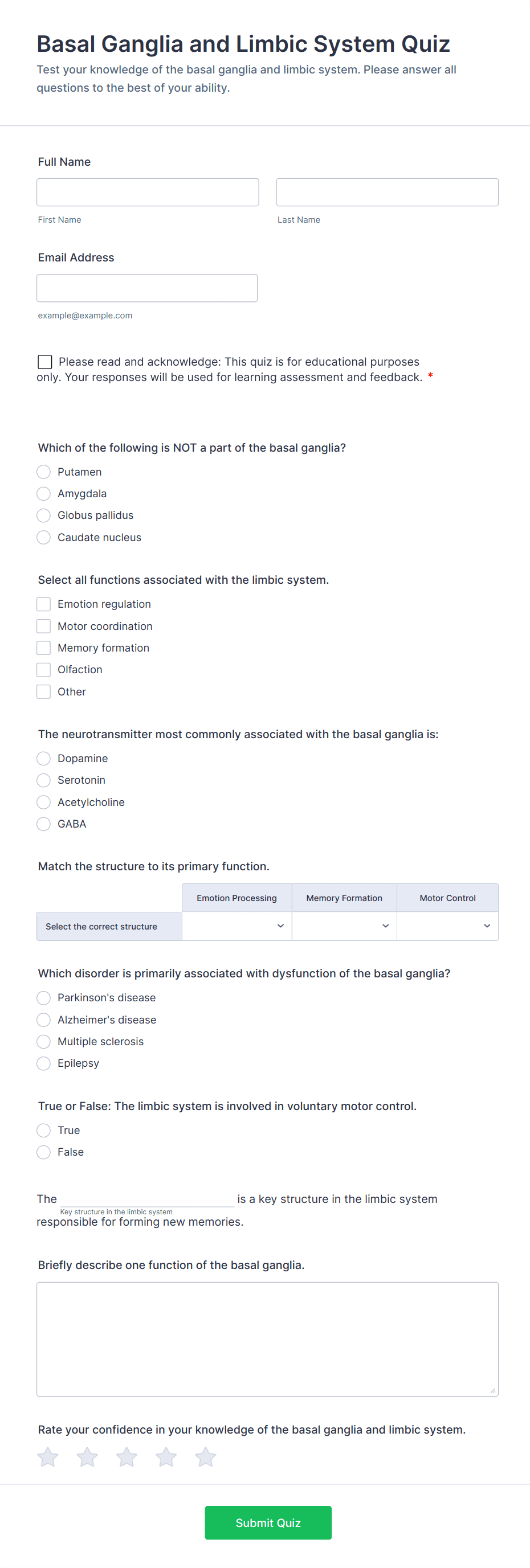 Basal Ganglia and Limbic System Quiz Form Template | Jotform