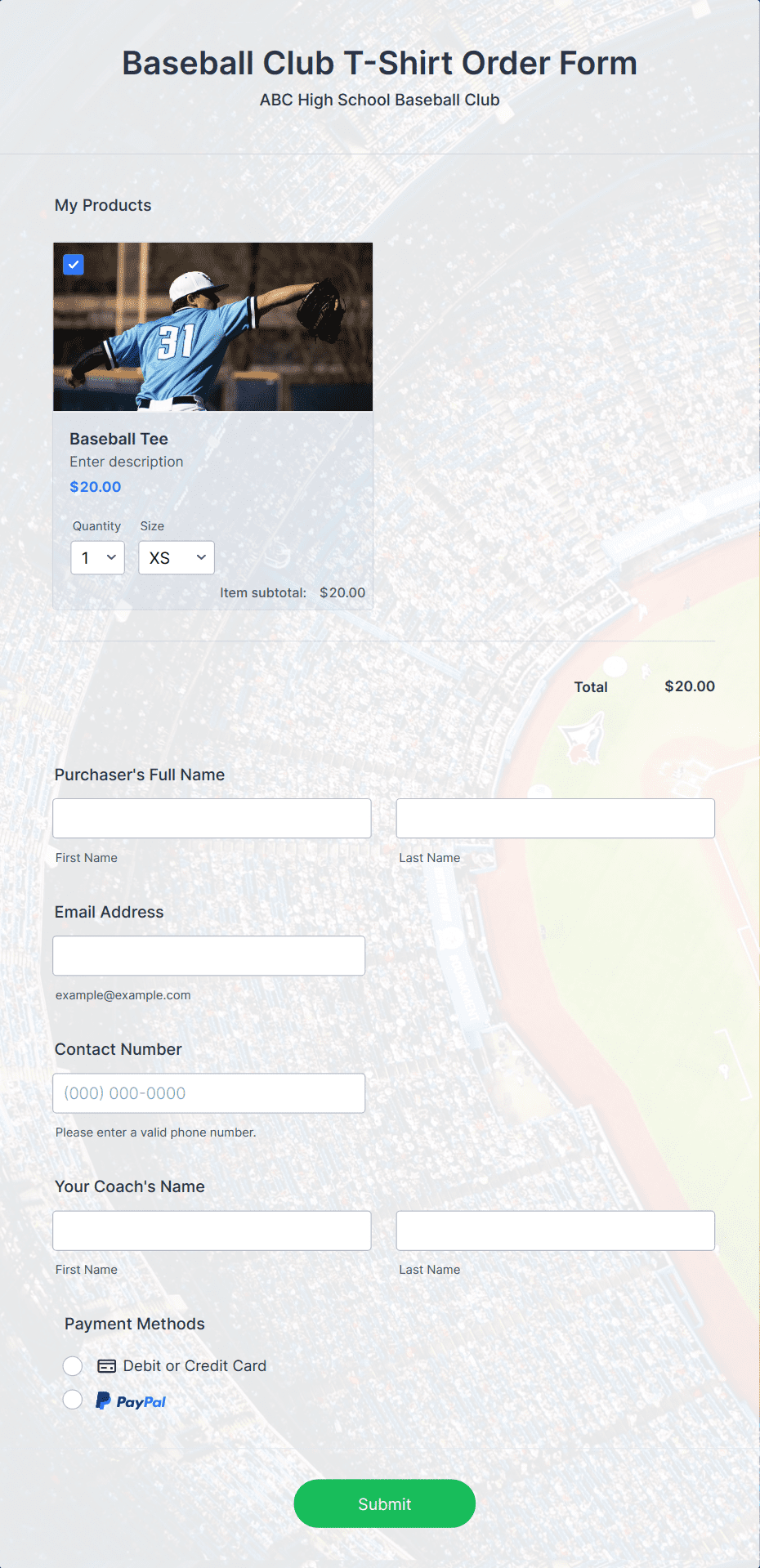 Baseball Club T-Shirt Order Form Template | Jotform