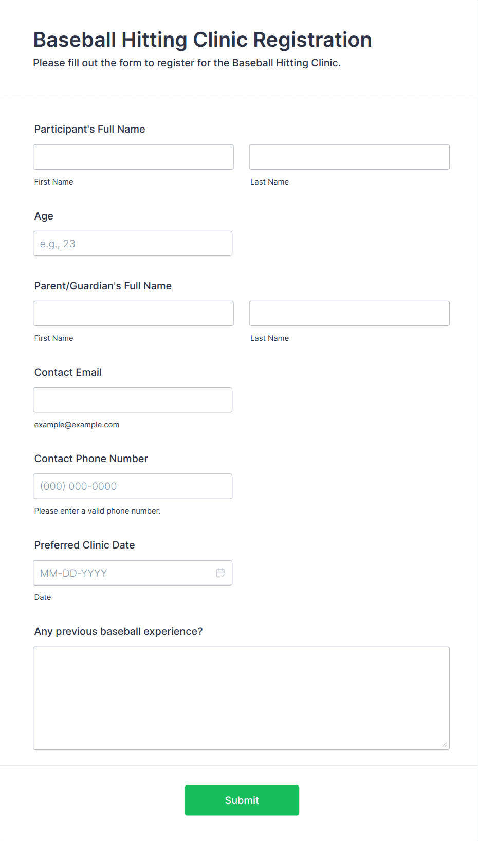 Baseball Hitting Clinic Registration Form Template | Jotform
