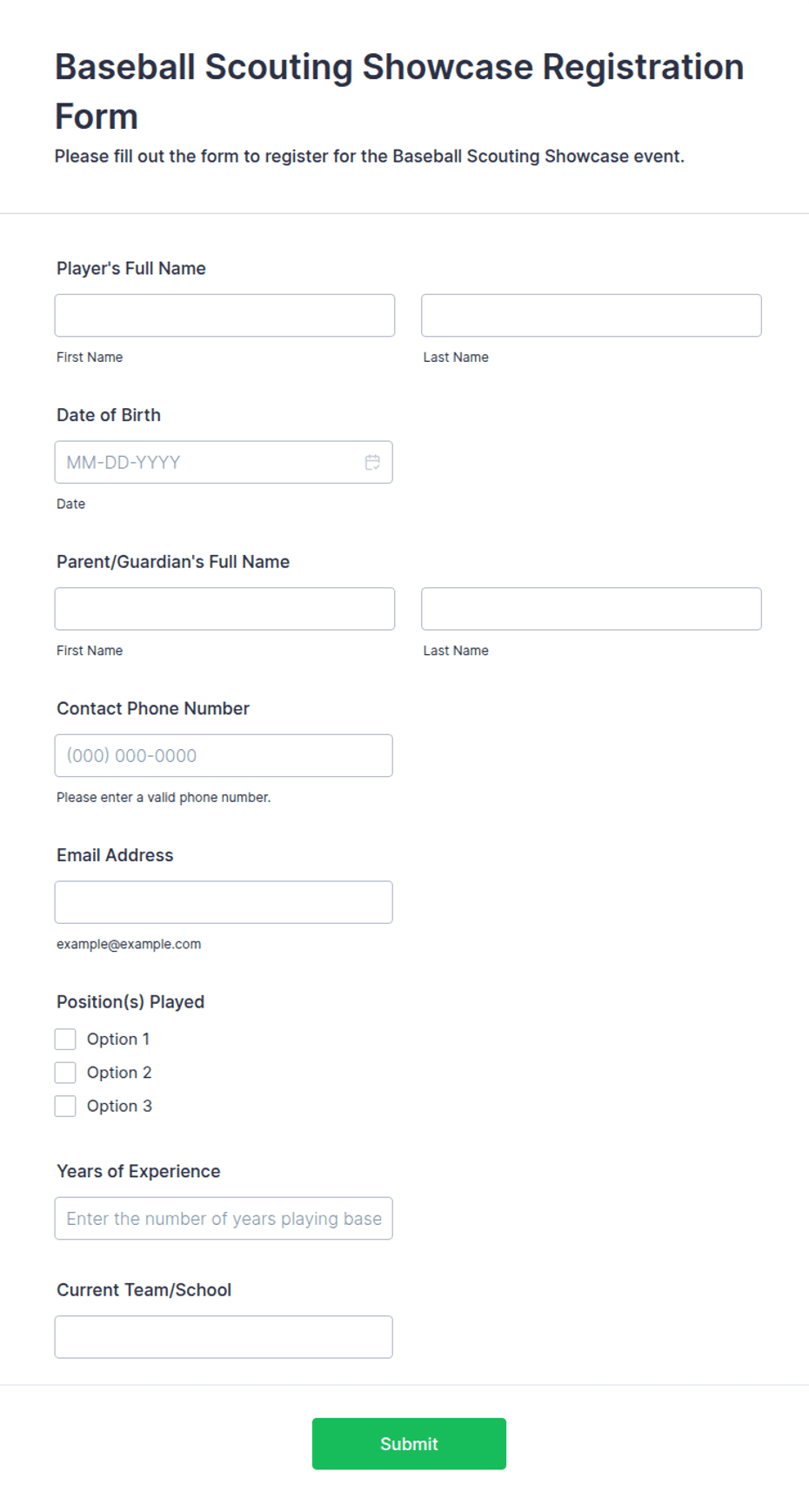Baseball Scouting Showcase Registration Form Template | Jotform