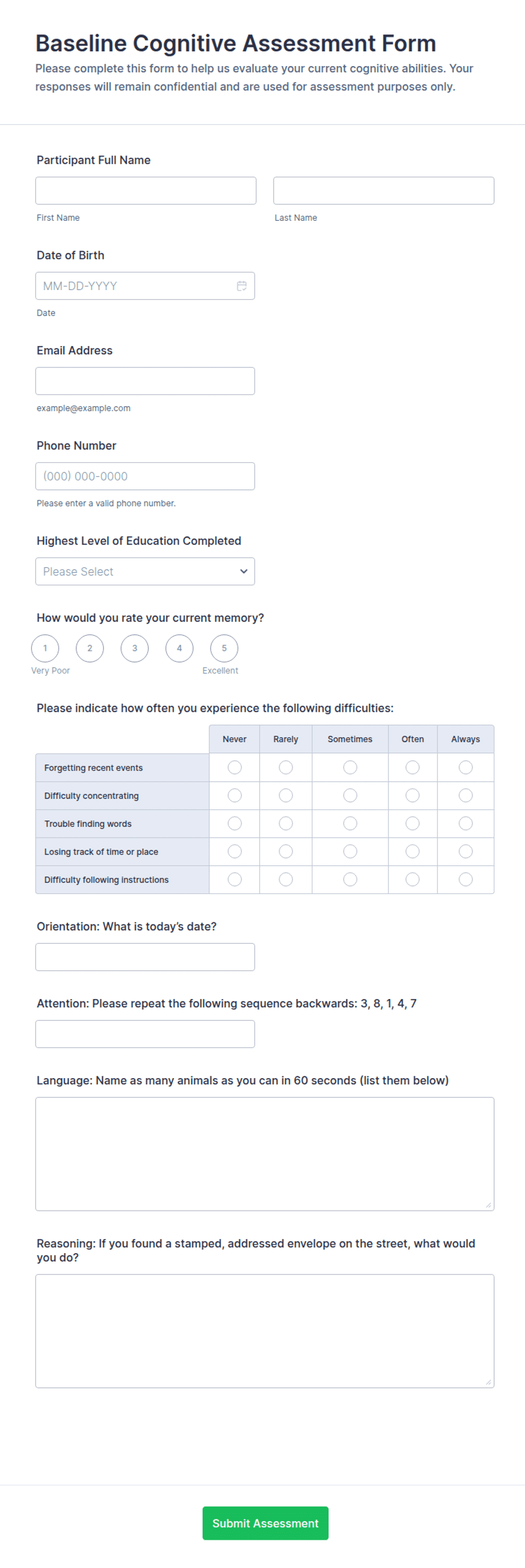 Baseline Cognitive Assessment Form Template | Jotform