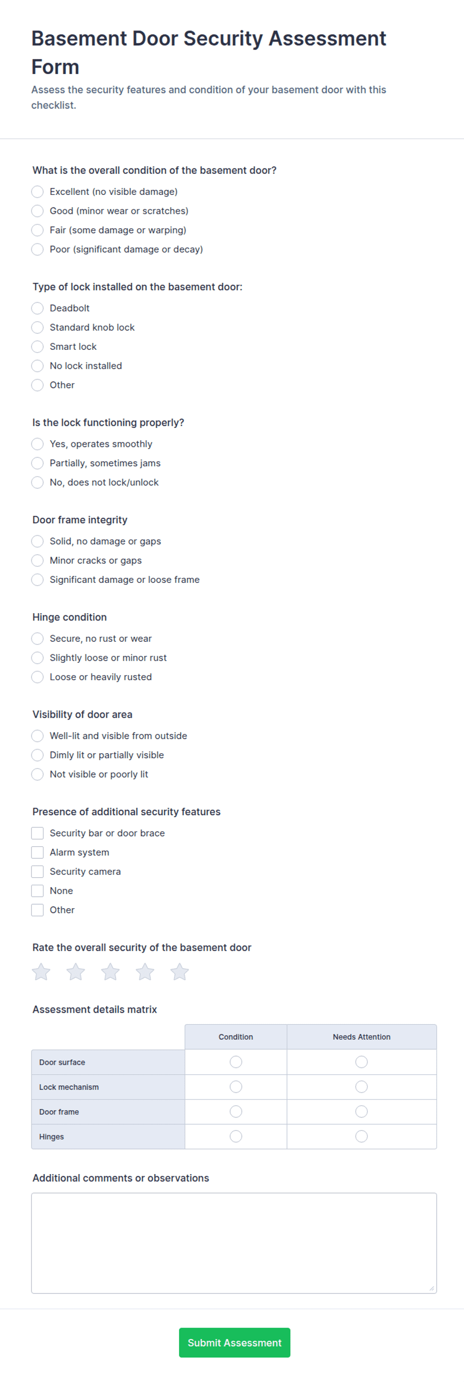 Basement Door Security Assessment Checklist Form Template | Jotform