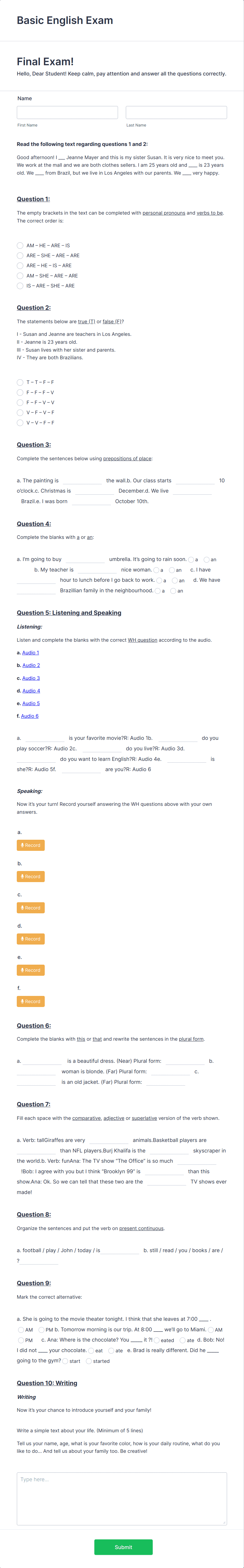 Basic English Exam Form Template | Jotform