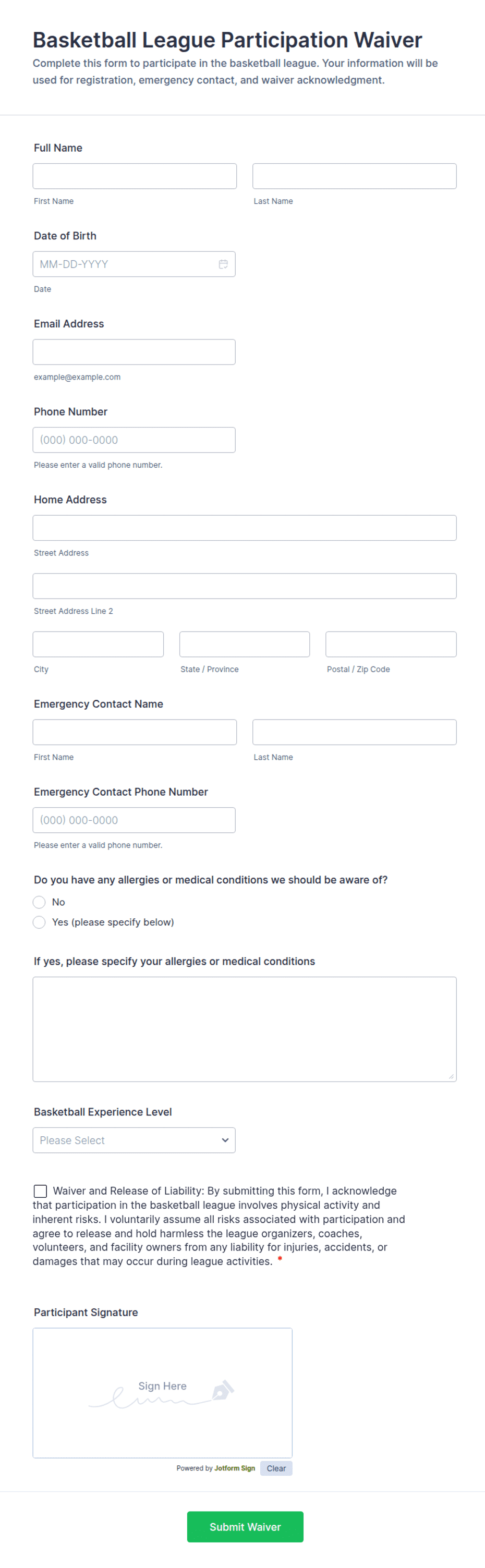 Basketball League Participation Waiver Form Template | Jotform