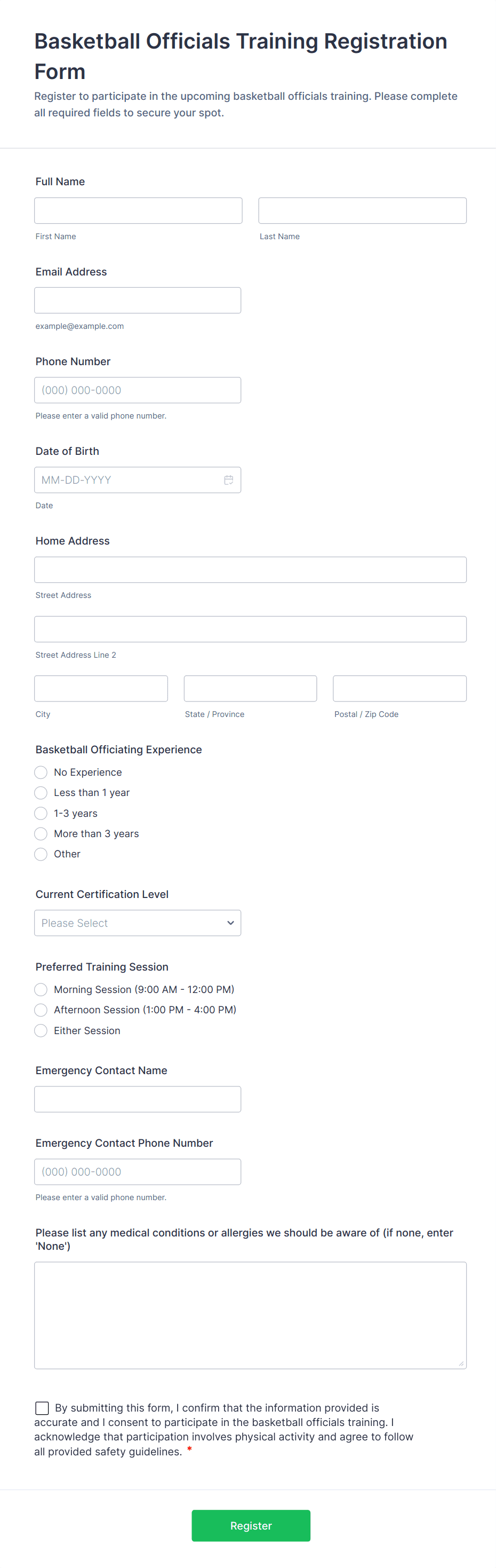 Basketball Officials Training Registration Form Template | Jotform