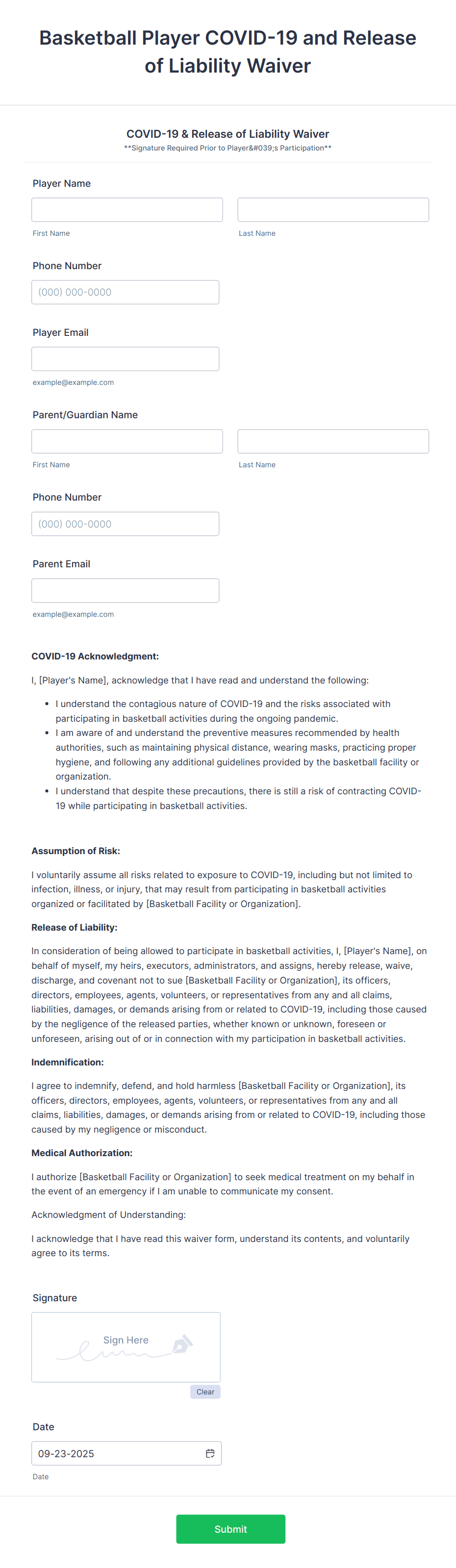 Basketball Player COVID-19 and Release of Liability Waiver Form ...
