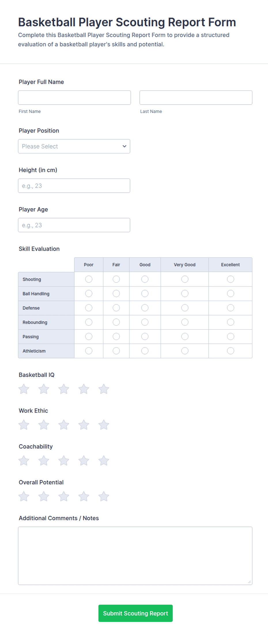 Basketball Player Scouting Report Form Template | Jotform