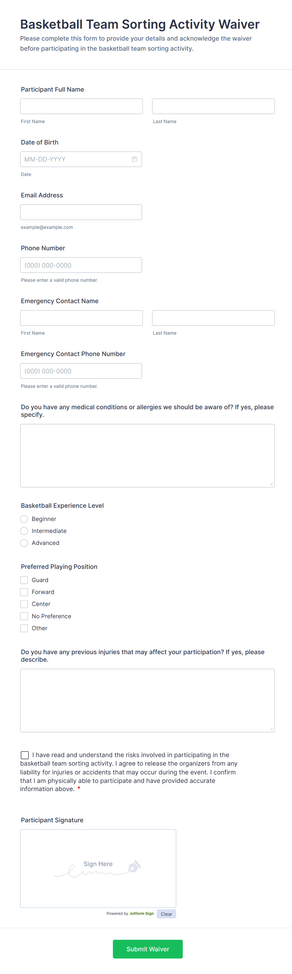 Basketball Team Sorting Activity Waiver Form Template | Jotform