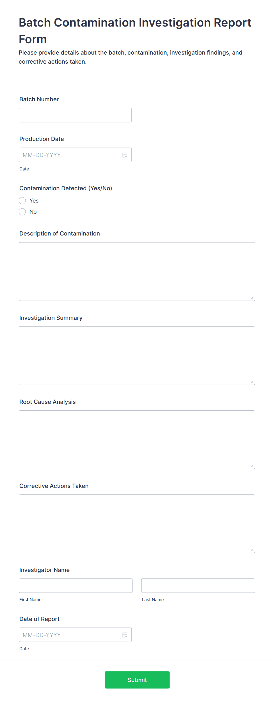 Batch Contamination Investigation Report Form Template | Jotform