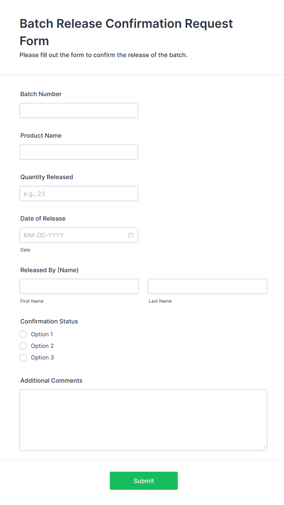 Batch Release Confirmation Request Form Template | Jotform
