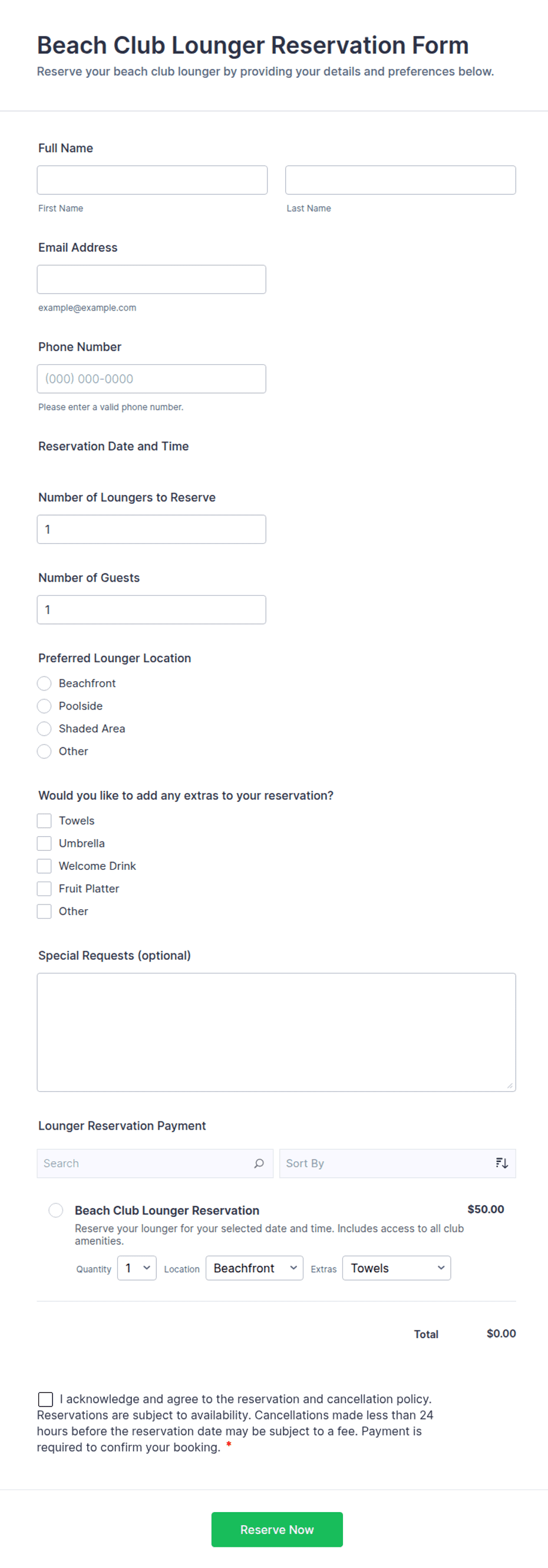 Beach Club Lounger Reservation Form Template | Jotform