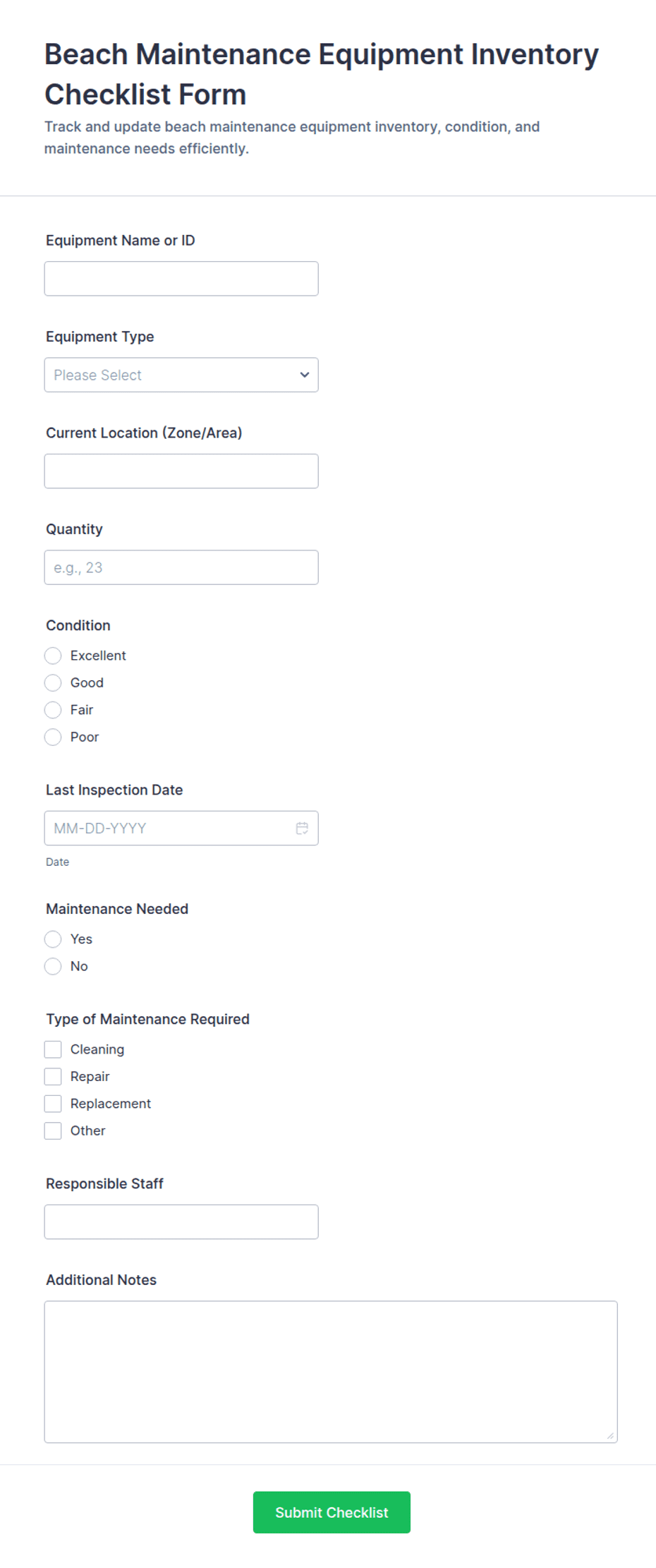 Beach Maintenance Equipment Inventory Checklist Form Template | Jotform
